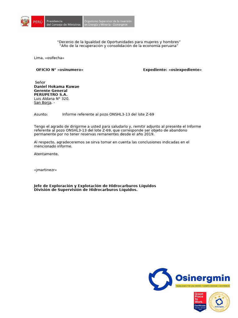 Plantilla Oficio 2025 Perupetro | PDF