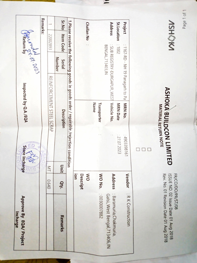 Return Slip 1.5 Ton | PDF