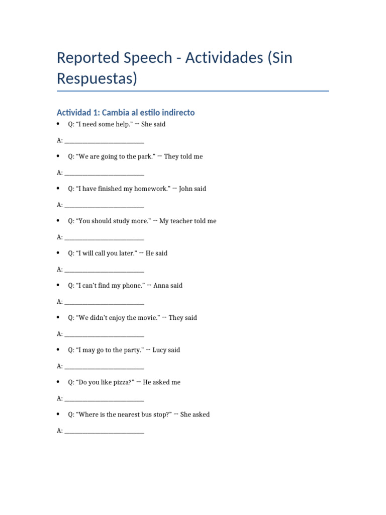 Reported Speech Actividades Sin Respuestas | PDF