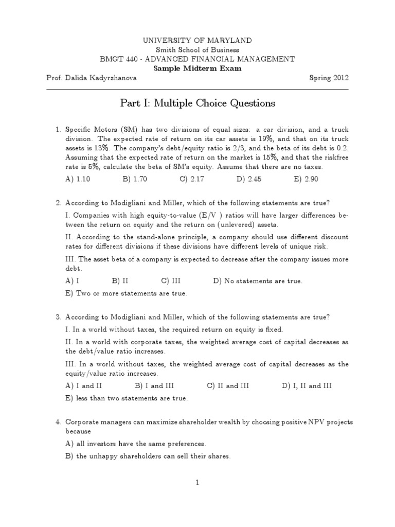 Sample Midterm | PDF | Cost Of Capital | Beta (Finance)