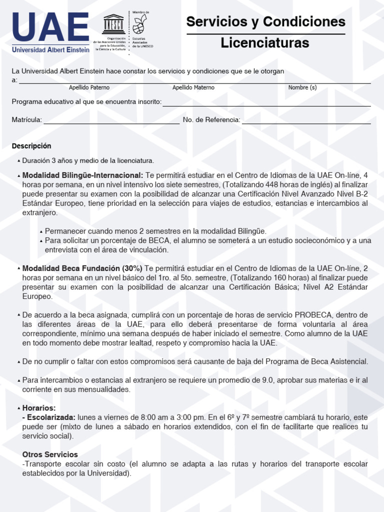 Servicios y Condiciones Escolarizada 2022 | PDF