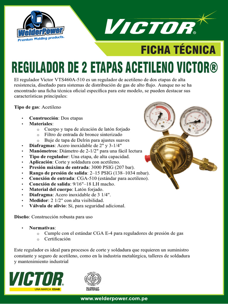 Regulador Acetileno Victor VTS460A-510 | PDF