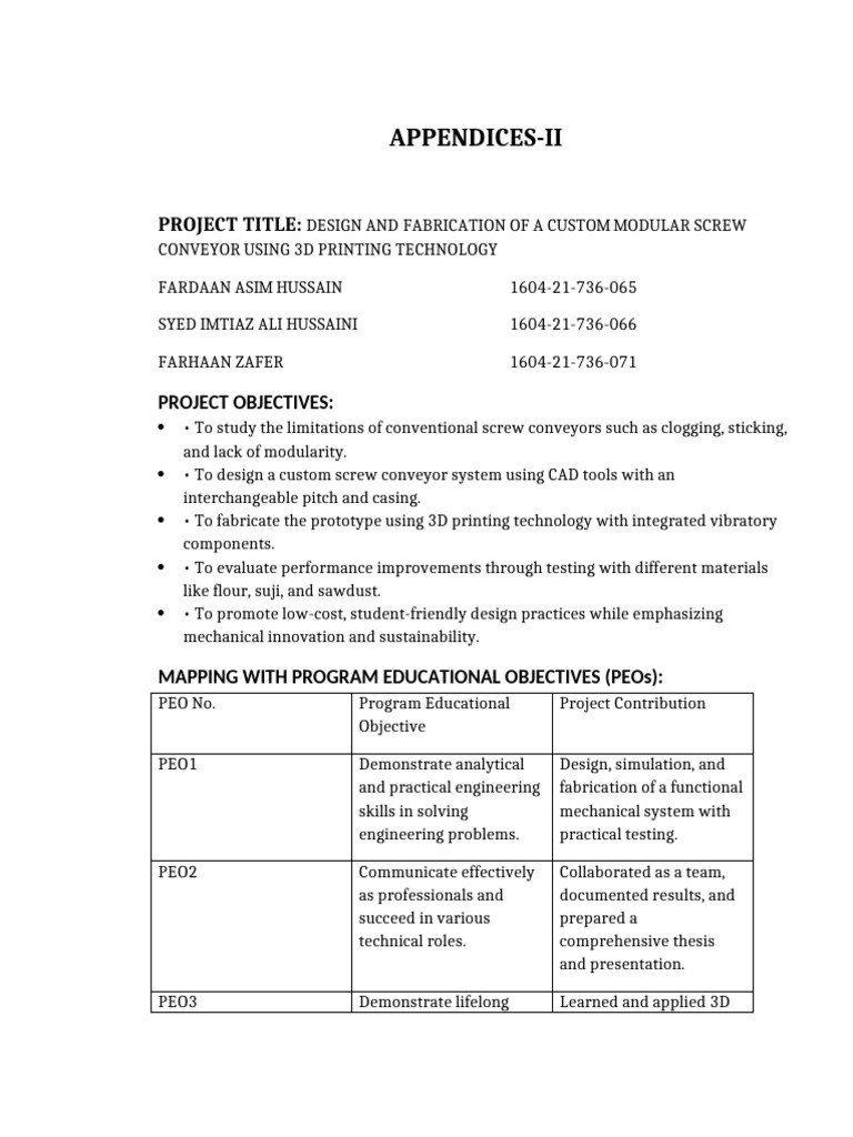 Screw Conveyor Project Objectives PEO PO PSO | PDF | Engineering | 3 D Printing