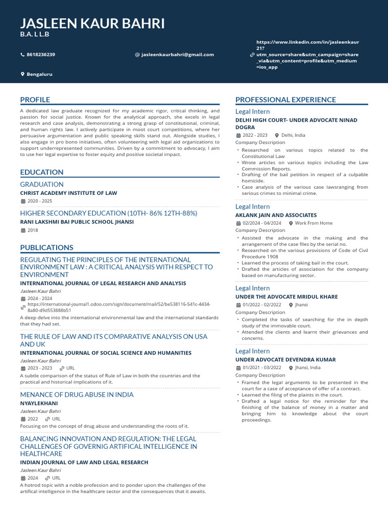 CV - Jasleen Kaur Bahri | PDF | Justice | Crime & Violence