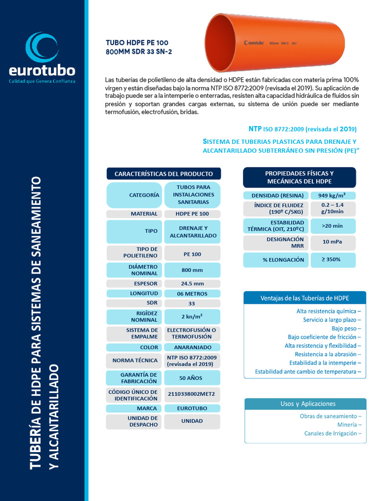 Tubo Hdpe Pe 100 MM SDR 33 Sn-2: NTP 201 S | PDF | Tubería (transporte ...