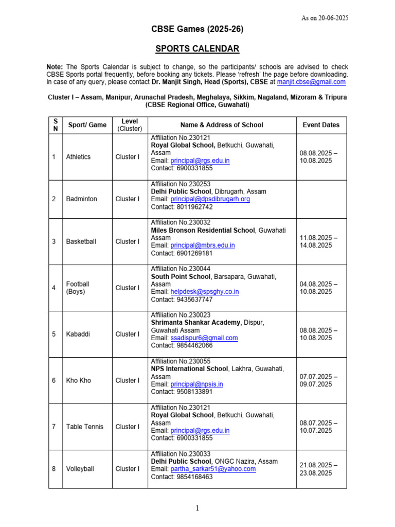 CBSE Sports Calendar (2025-26) | PDF
