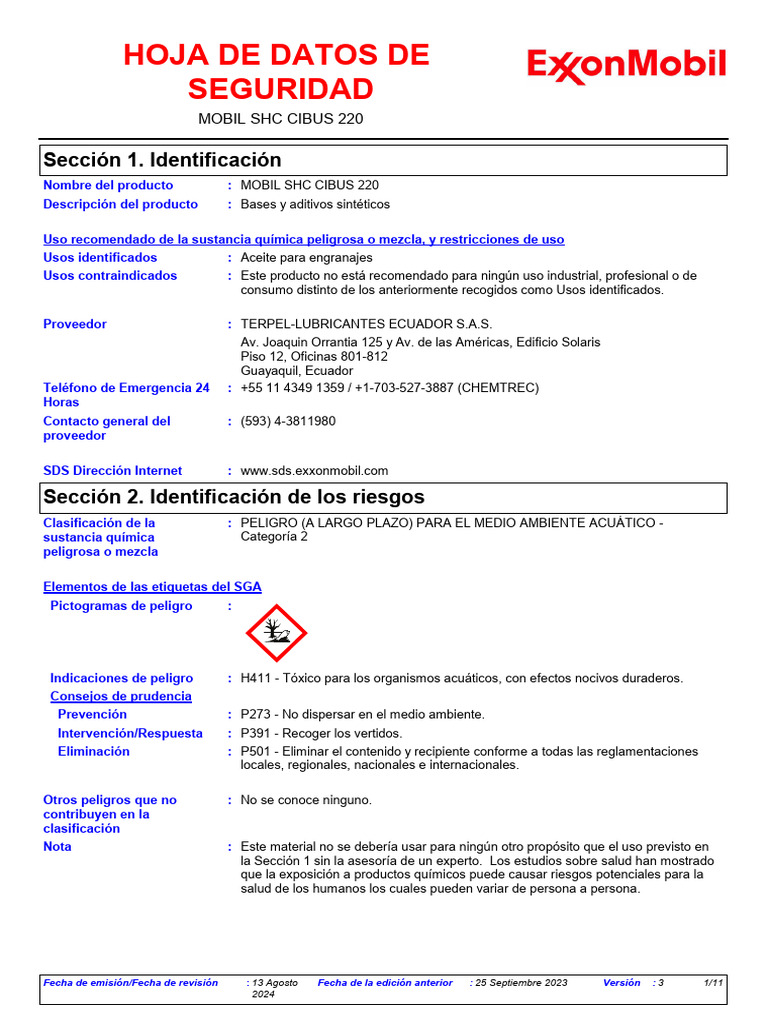 Mobil Shc Cibus 220 Ficha de Seguridad | PDF | Residuos | Reciclaje