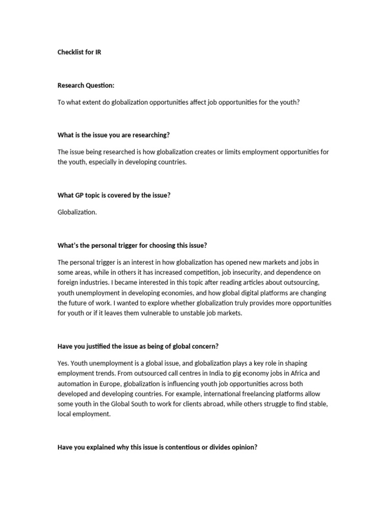 Globalization Youth Employment IR Checklist | PDF | Globalization ...