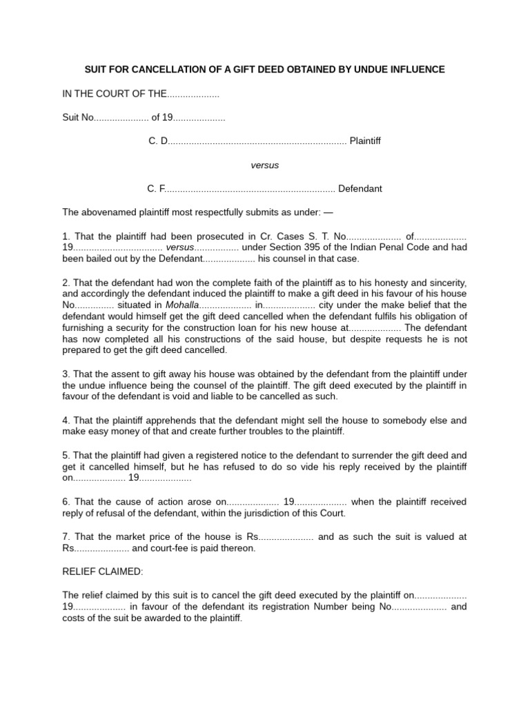 Suit For Cancellation of A Gift Deed Obtained by Undue Influence | PDF ...
