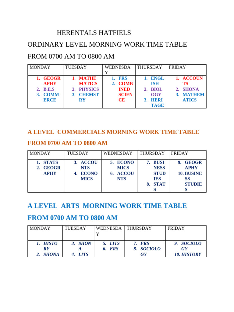 Herentals Hatfiels Morning Work Time Table - 082244 | PDF