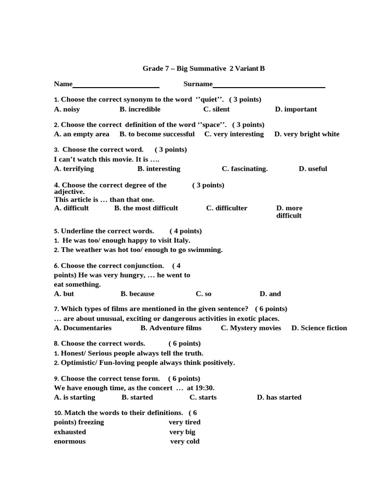Grade 7 Big Summative 2 Variant B | PDF | Linguistics | Grammar