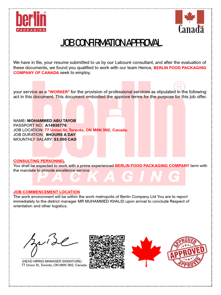 Mohammed Abu Tayob Job Approved by Canada | PDF
