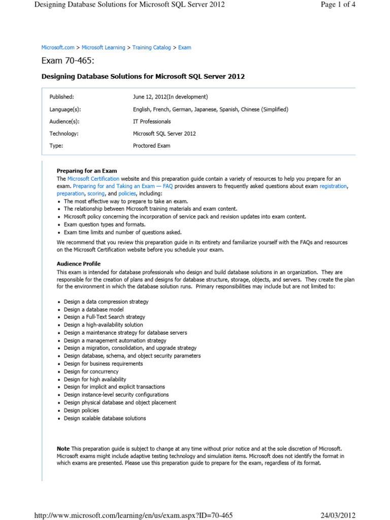 Exam 70-465:: Designing Database Solutions For Microsoft SQL Server 2012 | PDF | Databases ...