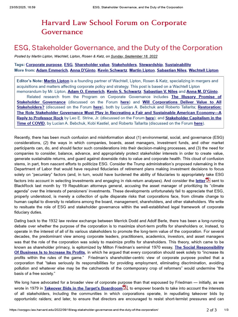 ESG, Stakeholder Governance, and The Duty of The Corporation | PDF ...