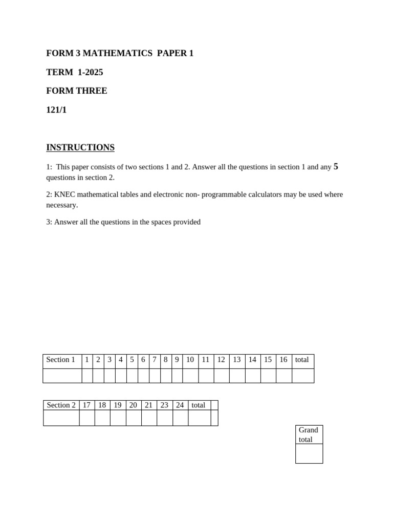 Mathematics Form 3 Paper 1 | PDF | Circle | Area