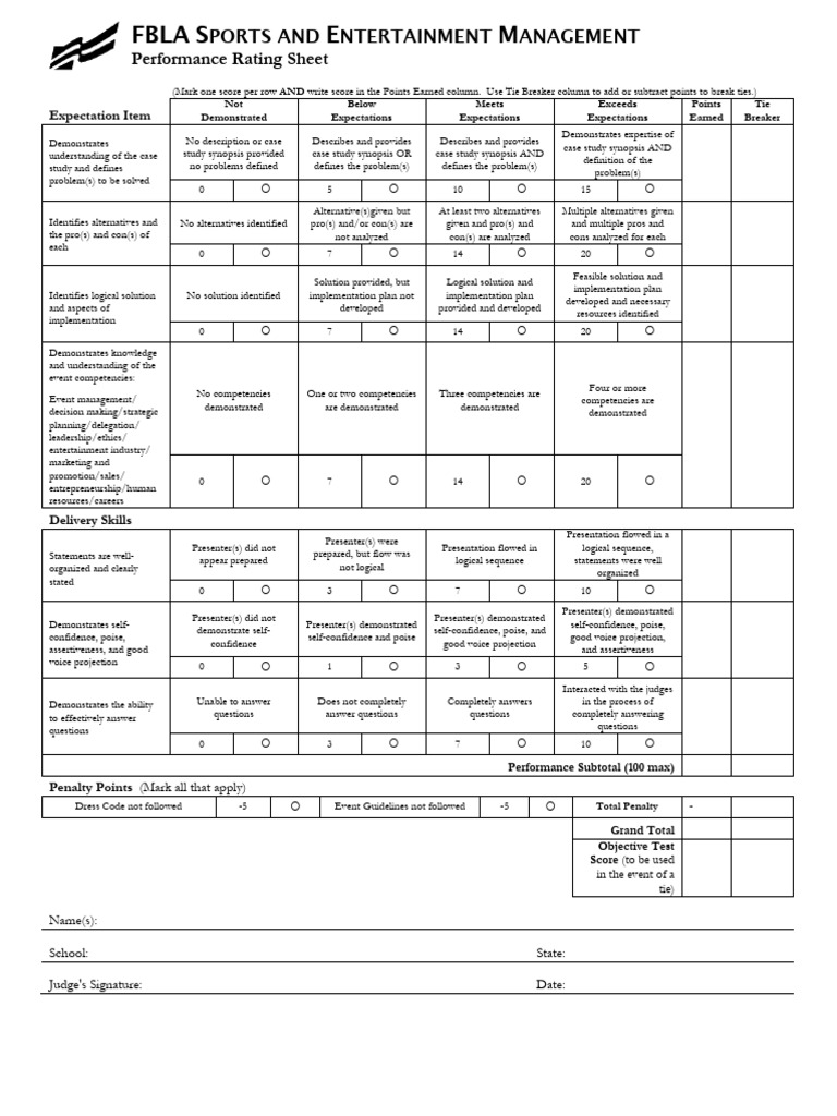 FBLA Sports Management Evaluation Rubric | PDF | Cognition