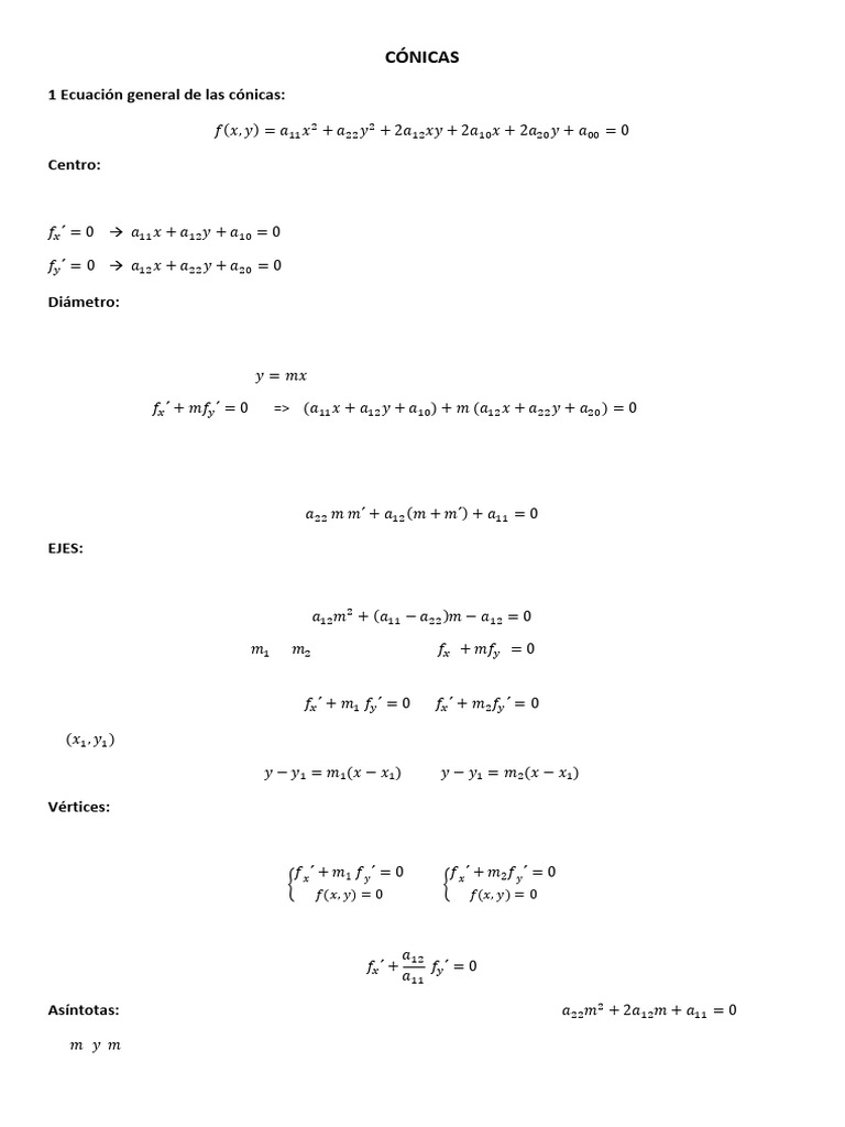 Formulario Cónicas | PDF | Geometría Elemental | Geometría diferencial