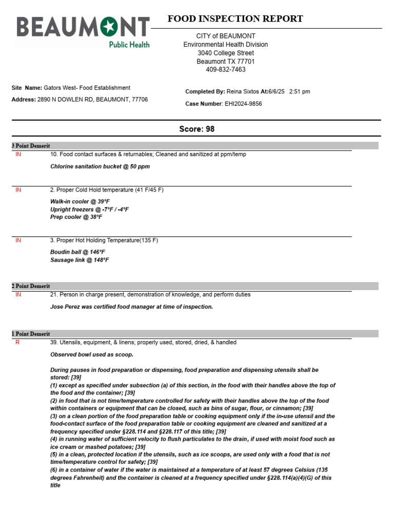 Gators West - Food Establishment | PDF