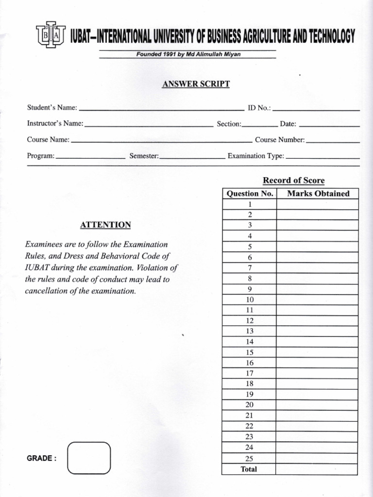 IUBAT Examination Score Record Form | PDF | Qualifications | Tests