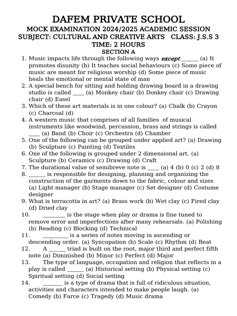 JSS3 CCA Mock Exam 2024/2025 | PDF | Drawing | Music Theory