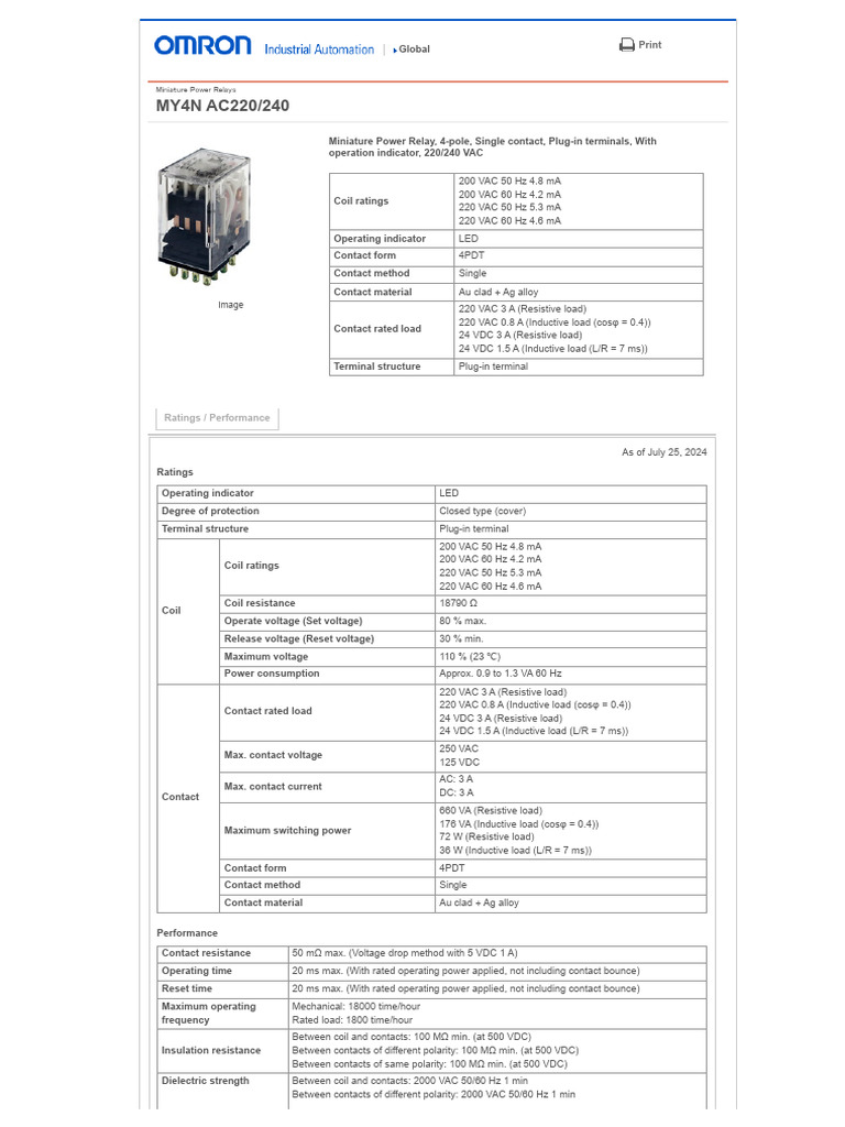 MY4N AC220 - 240 - OMRON Industrial Automation | PDF | Alternating Current | Inductor