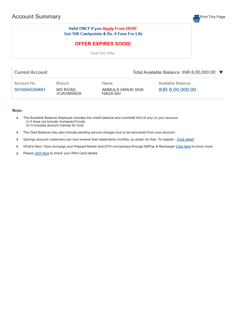 HDFC Current Account Balance Summary | PDF