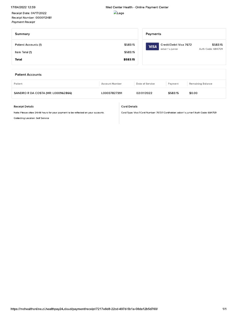 Recibo Med Center Health 583 USD JUNIOR | PDF