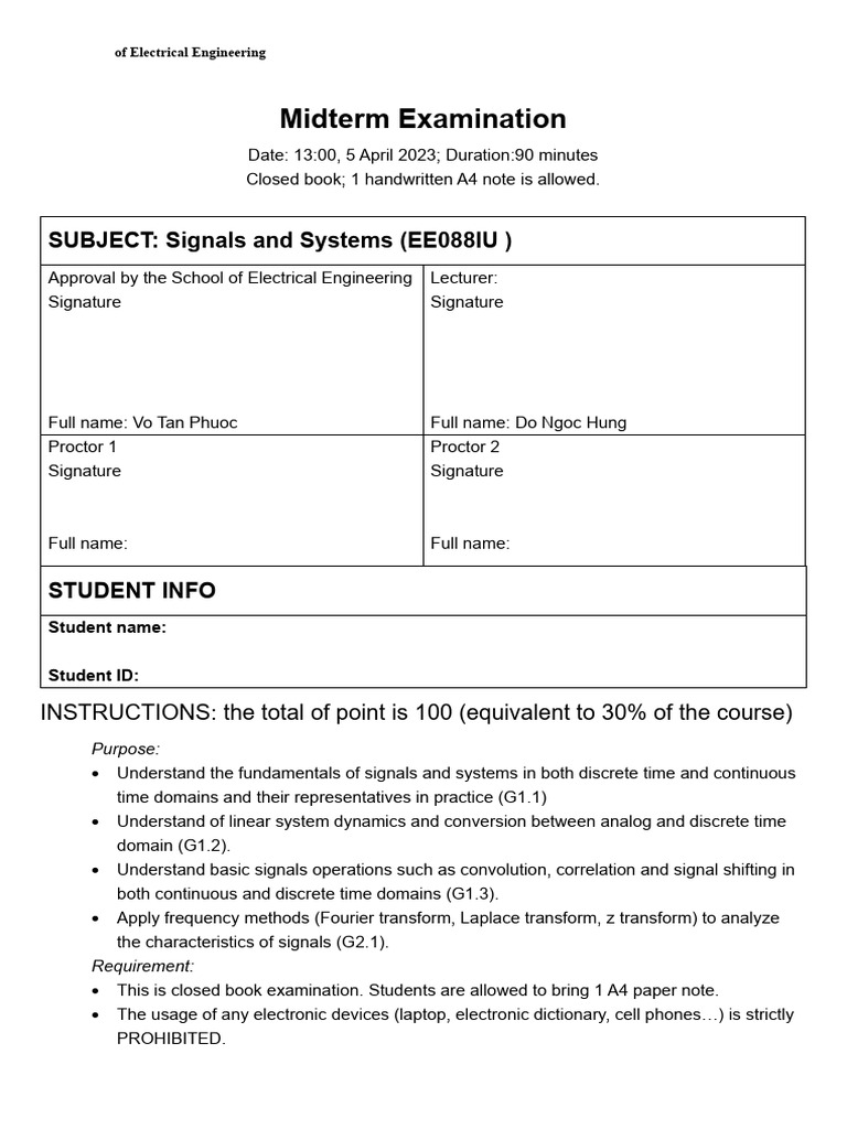 Signals and Systems Midterm Exam Guide | PDF | Telecommunications ...
