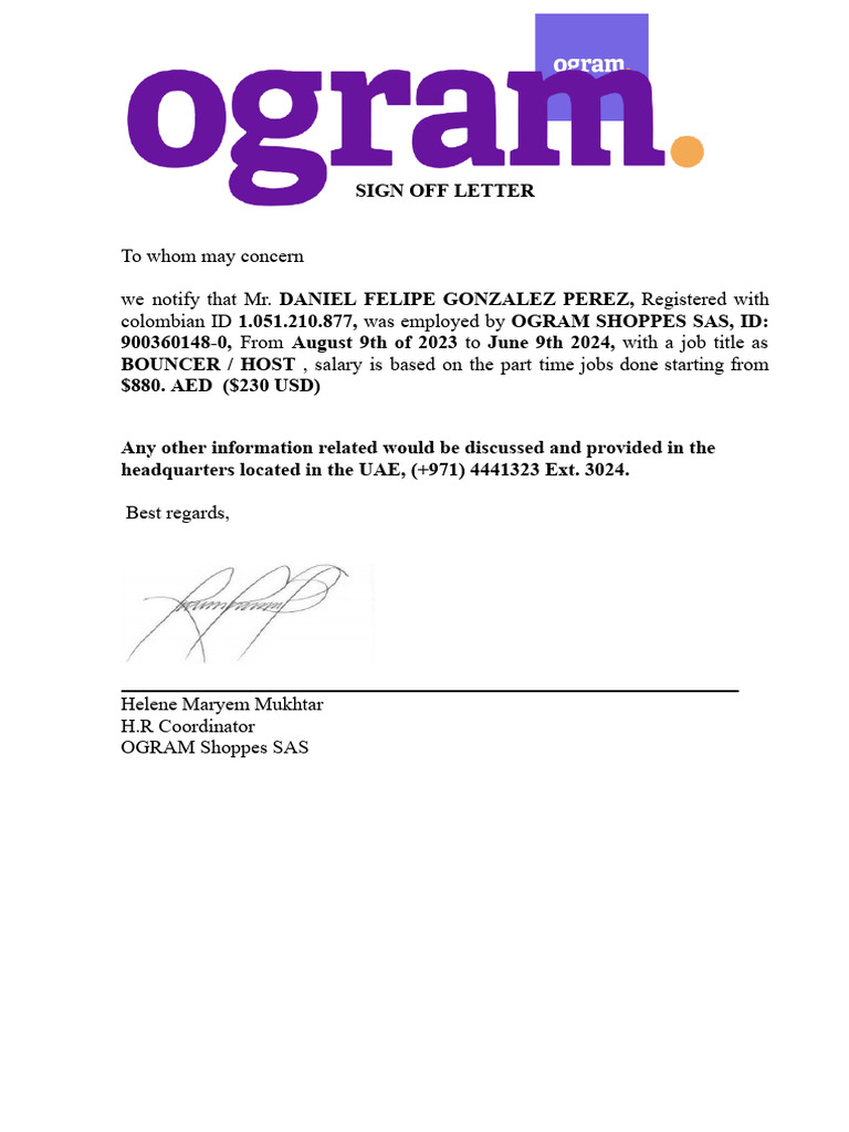 OGRAM Employment Confirmation for Daniel Gonzalez | PDF