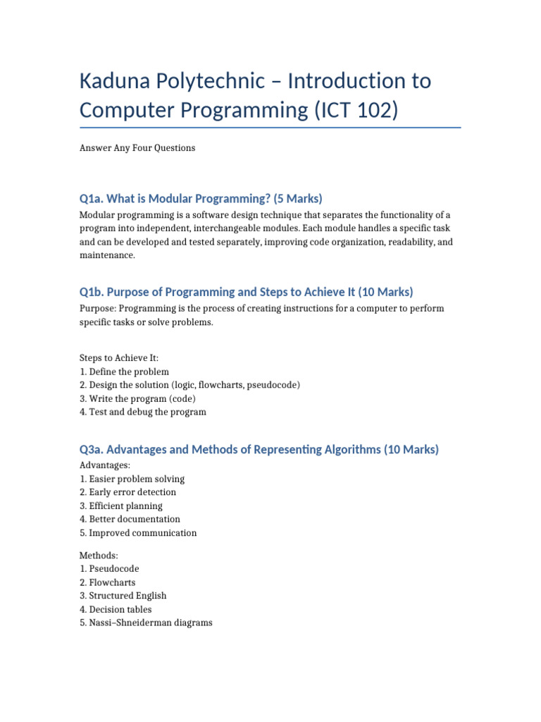 Computer Programming Exam Answers Kaduna Polytechnic Pdf Computer Programming Computer Program