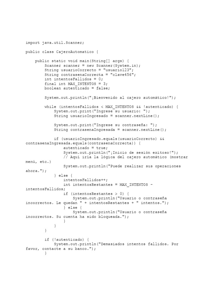 Codigo en Java para Cajero Automatico Que Pida Usu... | PDF | Java ...