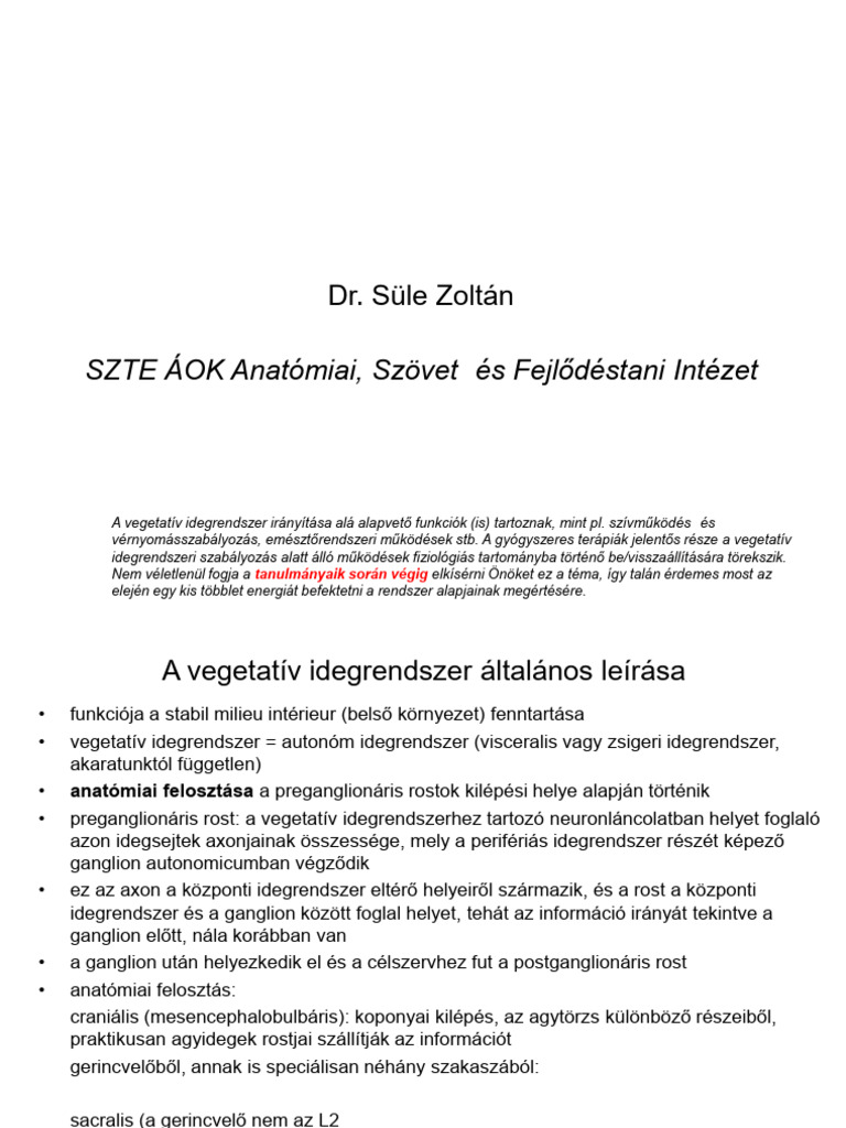 Systema Nervosum Autonomicum (10!) : Dr. Süle Zoltán Egyetemi Adjunktus ...