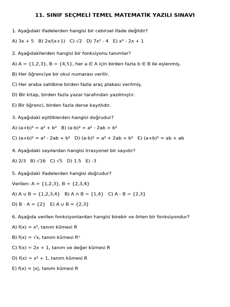 11 Sinif Secmeli Matematik Yazili | PDF