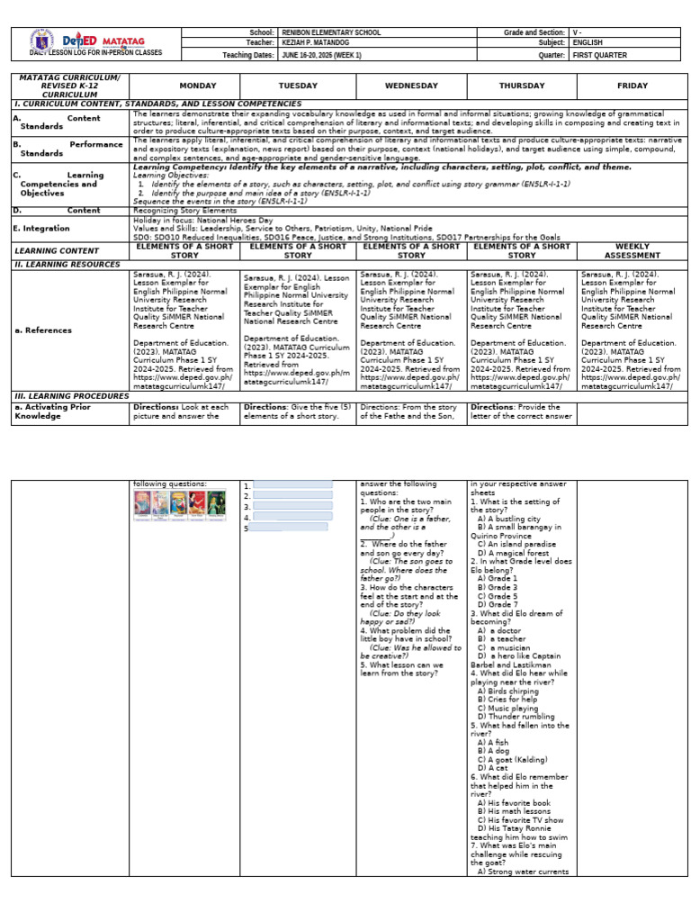 Lesson Plan: Elements of Elo's Story | PDF | Plot (Narrative) | Curriculum