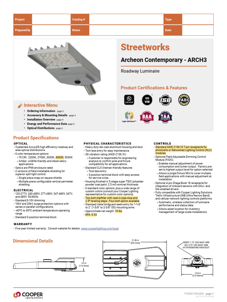 Streetworks Archeon Arch3 Curvas Lamaparas | PDF | Mains Electricity | Lighting