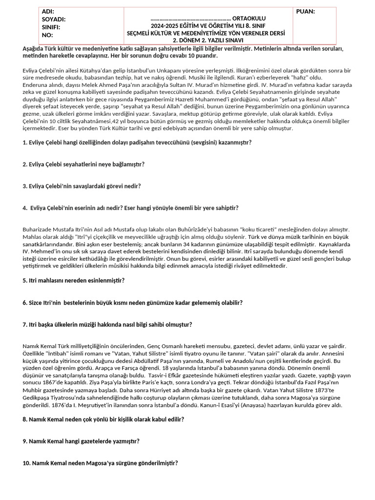 Kultur Ve Medeniyet1 2. Donem 2. Sinav | PDF