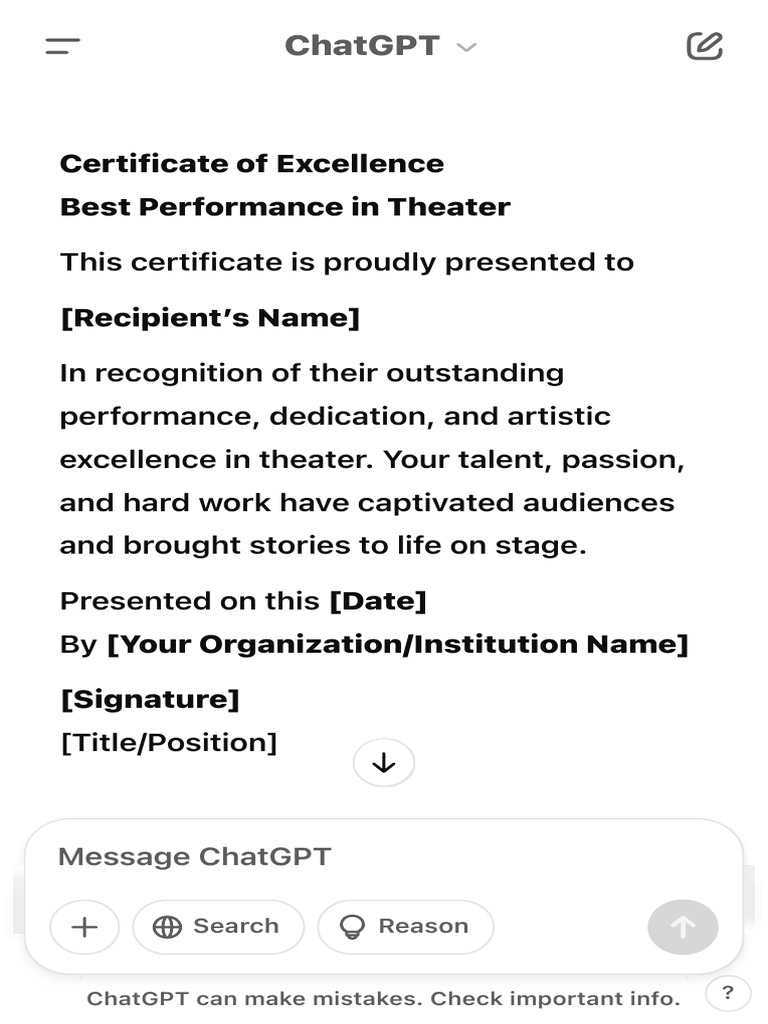 Performing Arts Excellence Certificate | PDF