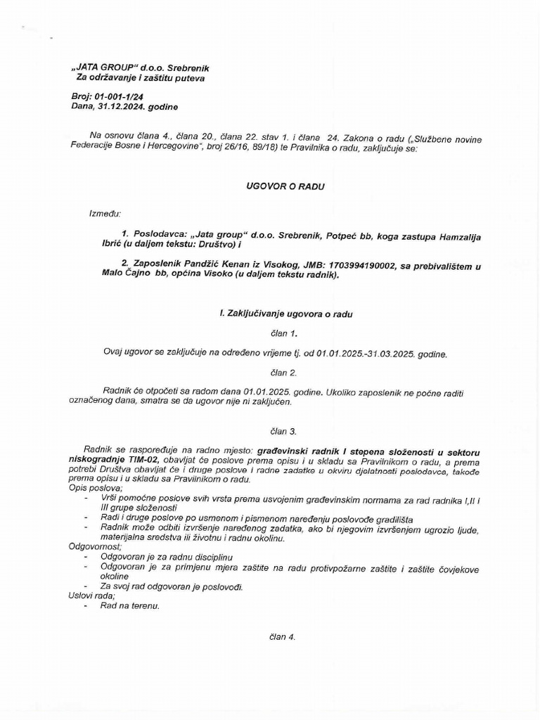 Ugovor o Radu Pandžić Kenan | PDF