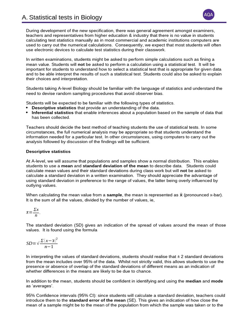 Statistical Tests in Biology AQA Guidance | PDF | Statistics | Chi ...
