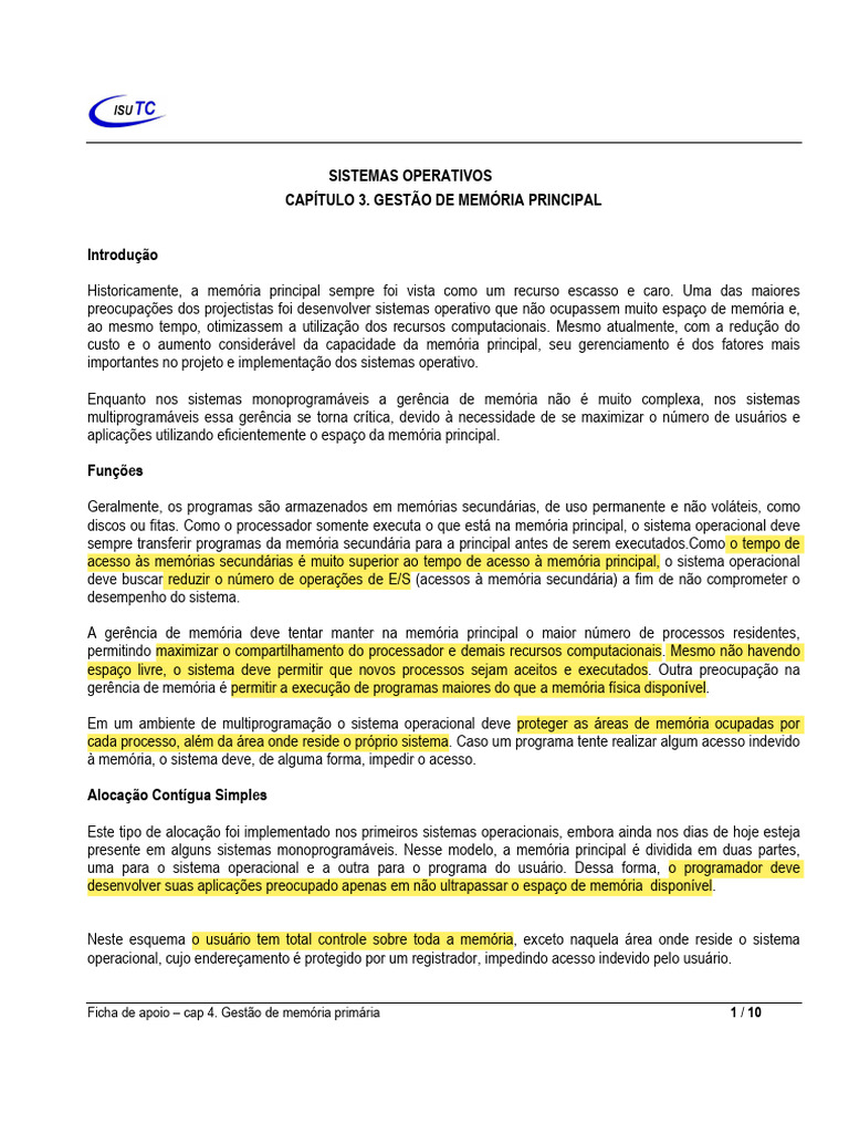 Ficha de Apoio Cap4 - Gestão de Memória Principal 15.1 | PDF | Armazenamento de dados de ...