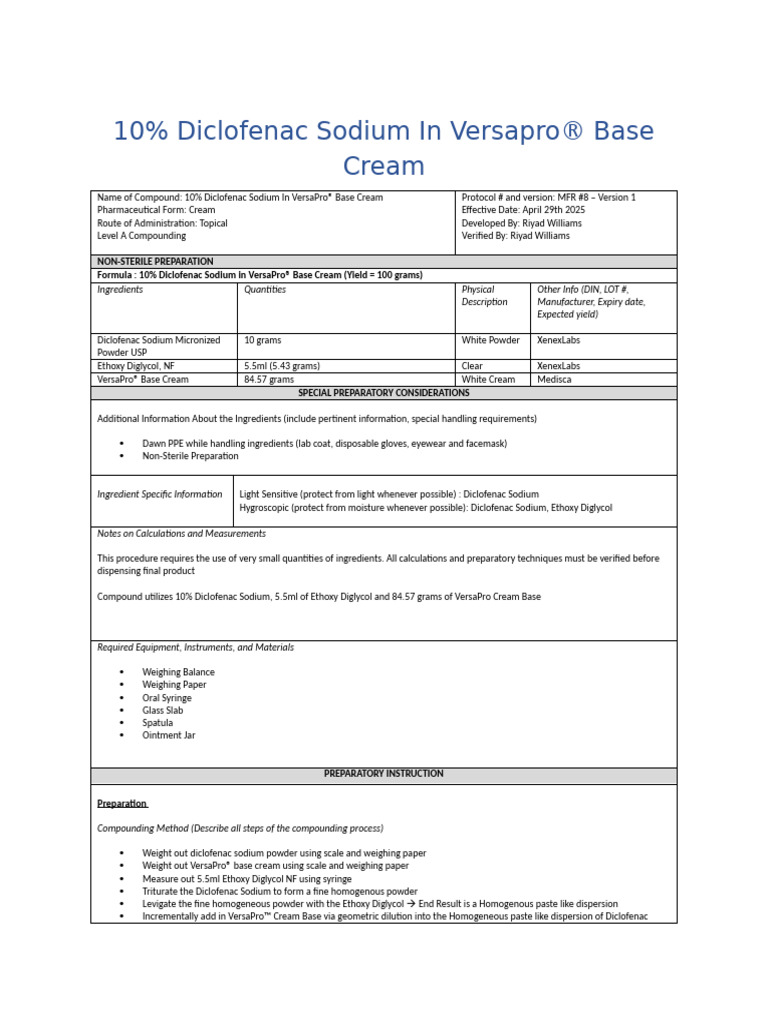 Master Formulation Record - Diclofenac Sodium 10% in Versapro Cream ...