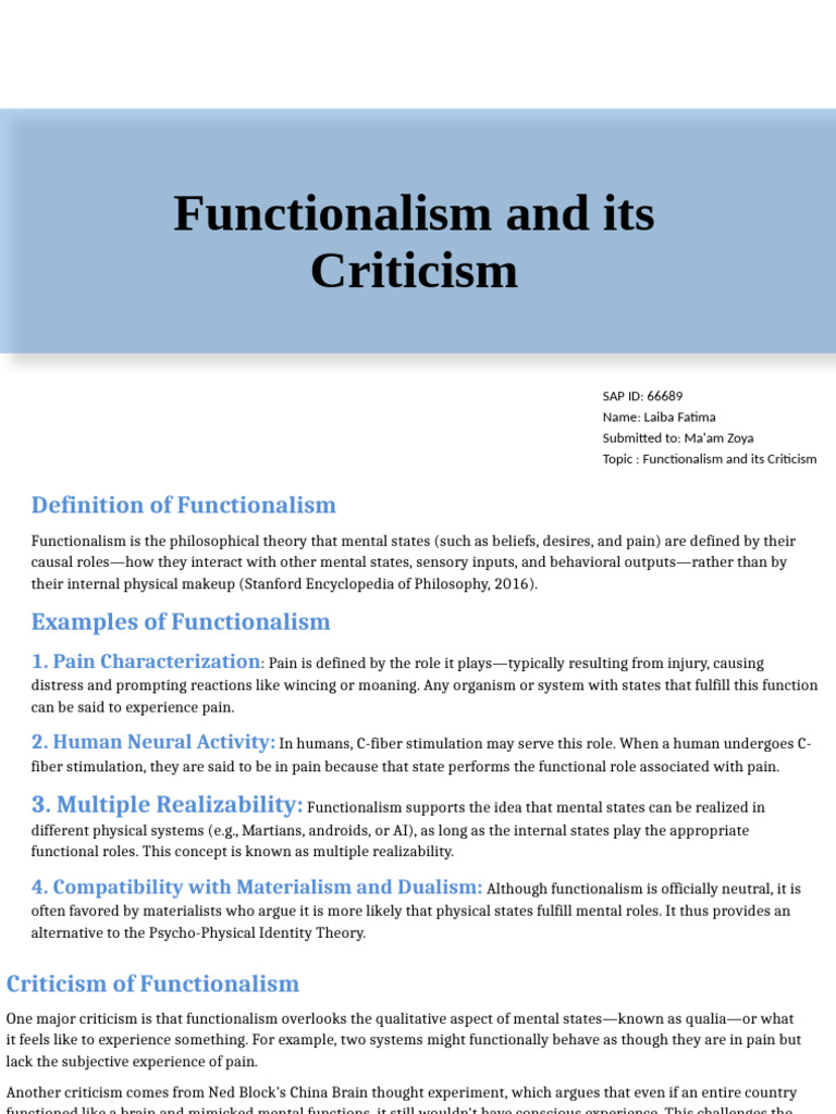 Functionalism and Its Criticism | PDF | Qualia | Contemporary Philosophy