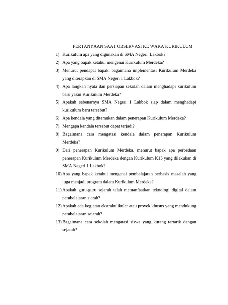 Pertanyaan Saat Observasi Ke Waka Kurikulum | PDF
