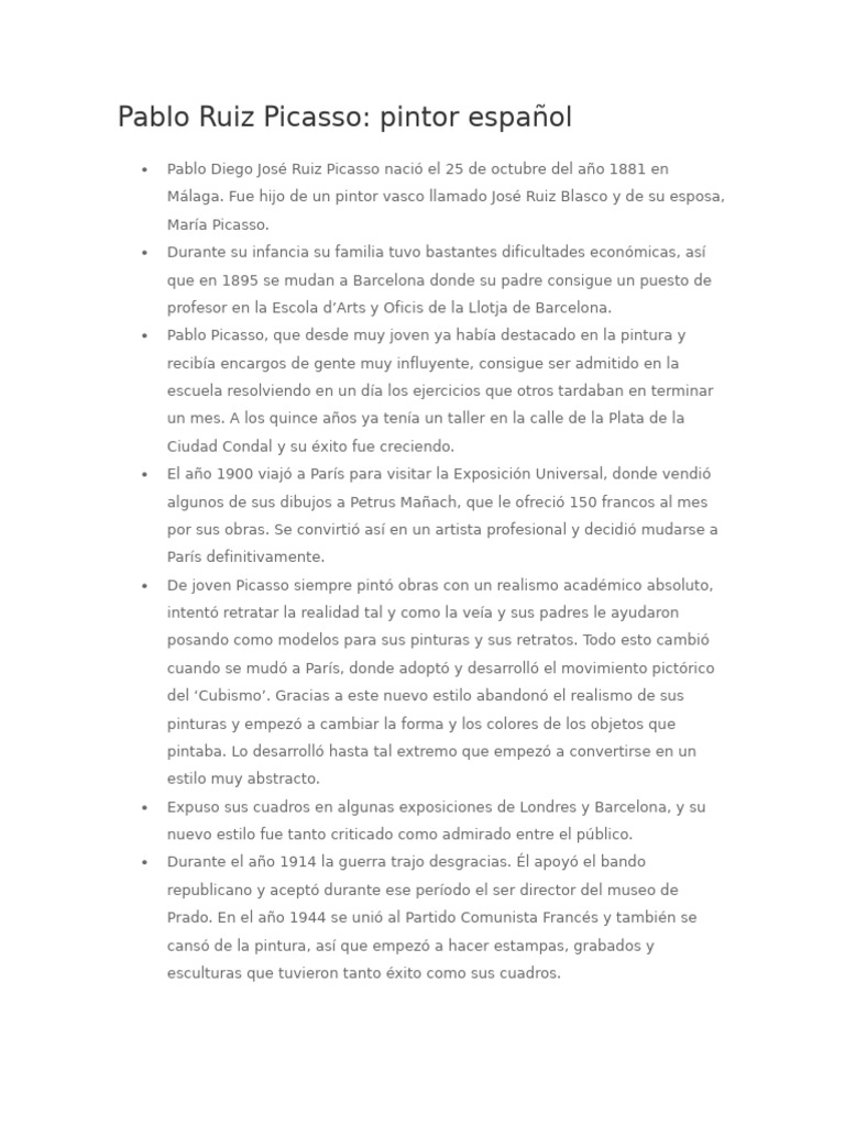 Breve - Biografia - Pablo Picasso | PDF | Pablo Picasso | Las artes