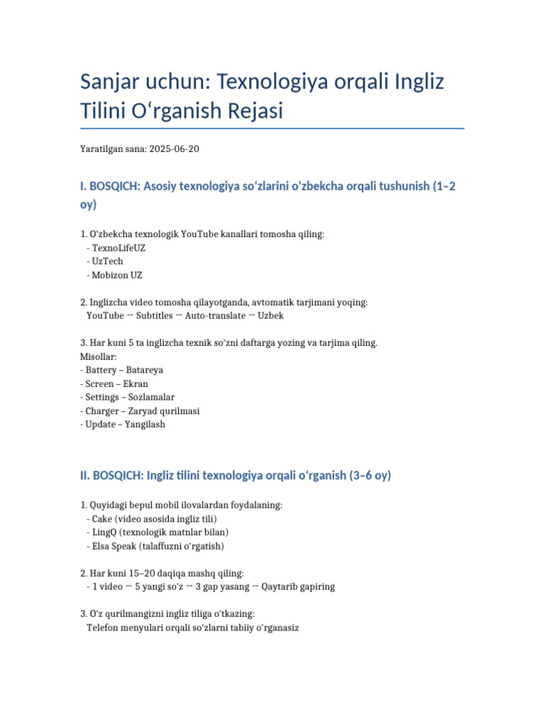 Sanjar Texnologik Ingliz Tili Rejasi | PDF