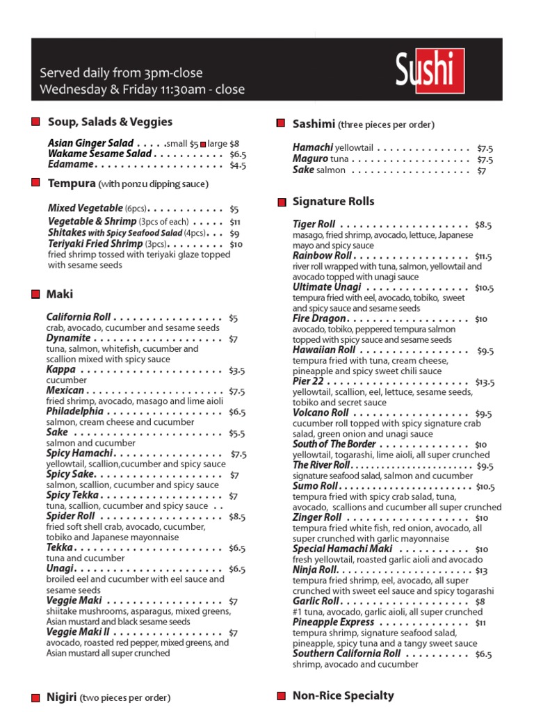 Pier 22 Sushi Menu | Sushi | Foods