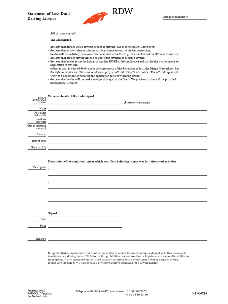 Lost Dutch Driving Licence Statement | PDF | Driver's License ...