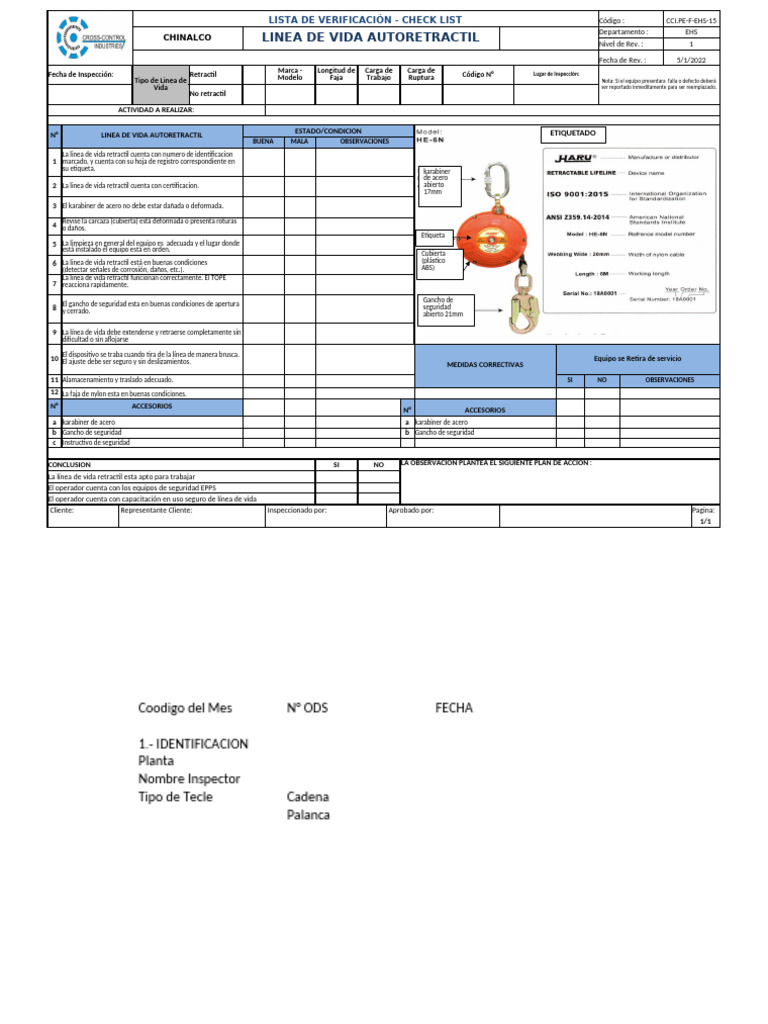 CCI - PE-F-EHS-15 - Check List Linea de Vida Retractil. | PDF