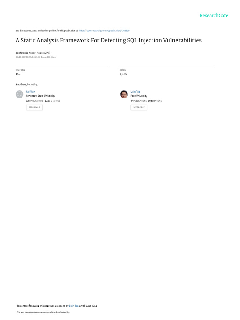 Static Analysis Framework For Detecting SQL Injection Vulnerabilities | PDF | Automata Theory ...