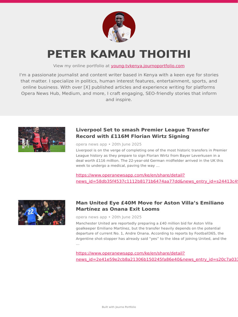 Peter Kamau Thoithi Portfolio | PDF | Premier League | Premier League Clubs